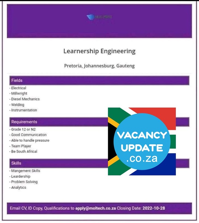Moltech Learnerships 2023: Available Opportunity for Grade 12 Qualification Holders with No Work ...
