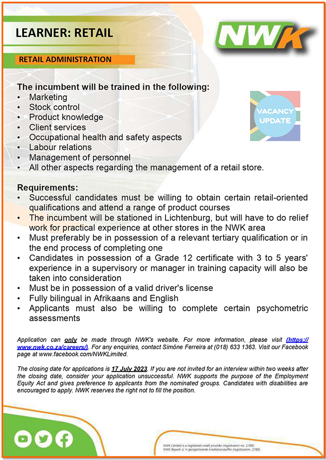 NWK Retail Administration Learnership 2023: Accepting Registrants with ...