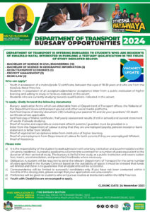 KZN Dept of Transport Bursaries 2024: Offering X22 Bursary Positions in ...